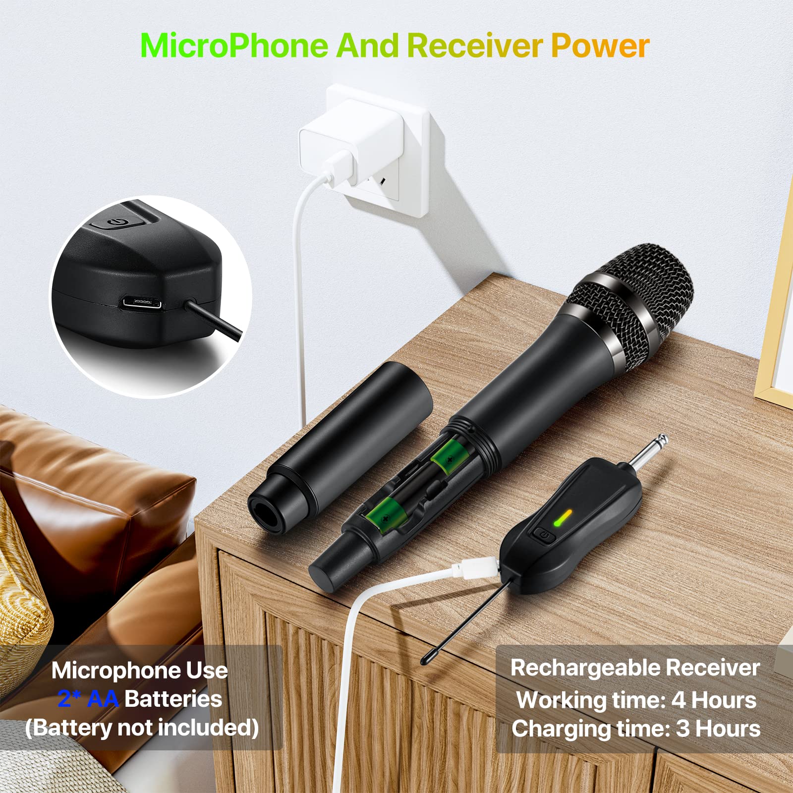 Wireless Microphone, Karaoke Cordless Microphone, UHF Handheld Dynamic Mic System with Rechargeable Receiver (165ft Range) for Singing, Wedding, Party, Speech, Church, Meeting, PA System