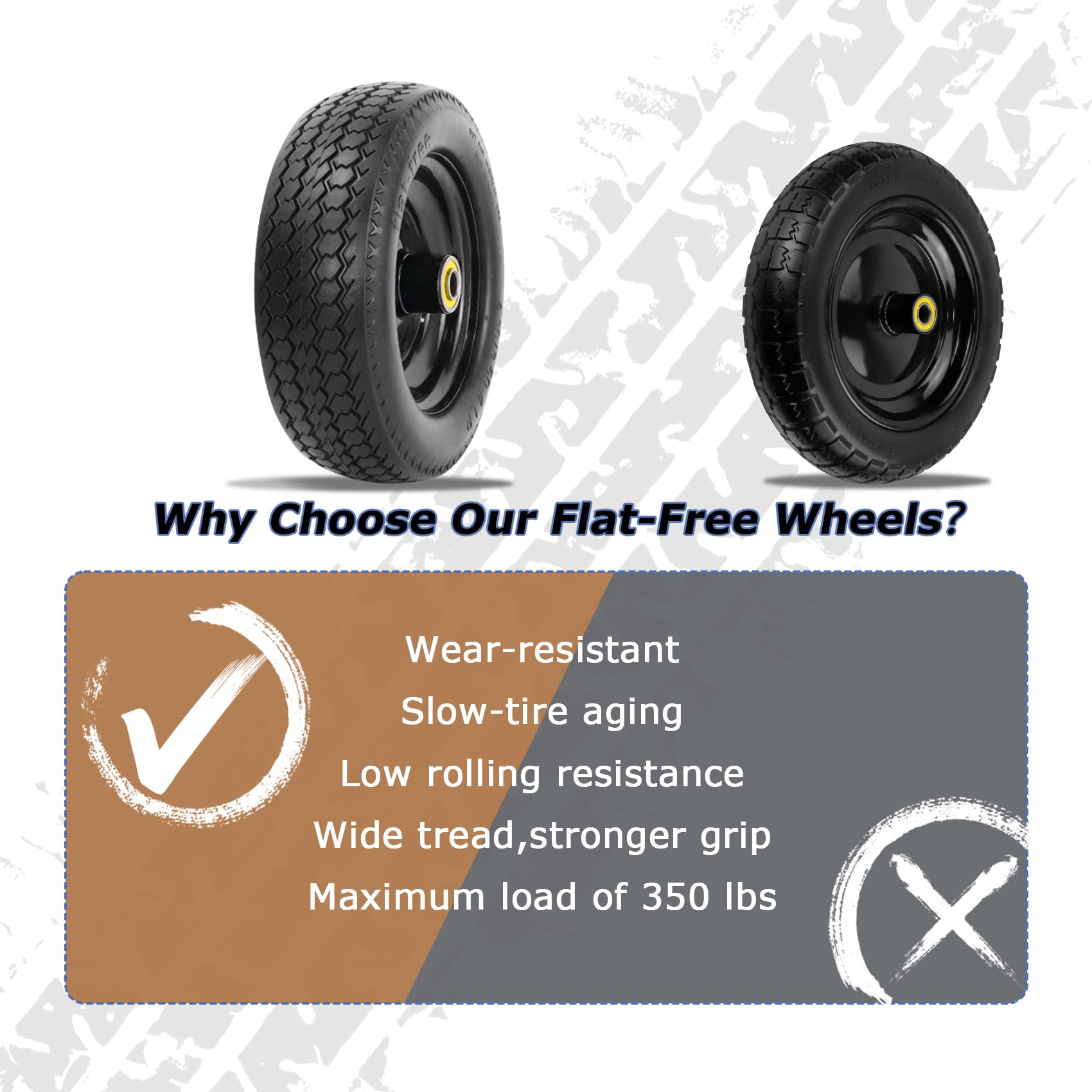 Upgraded 10" Flat Free Wheels Compatible with Garden Cart, 4.10/3.50-4" Replacement Solid Tires with 5/8″ Bearings, Solid Rubber Wheels for Garden Carts/Hand Truck-4PCS