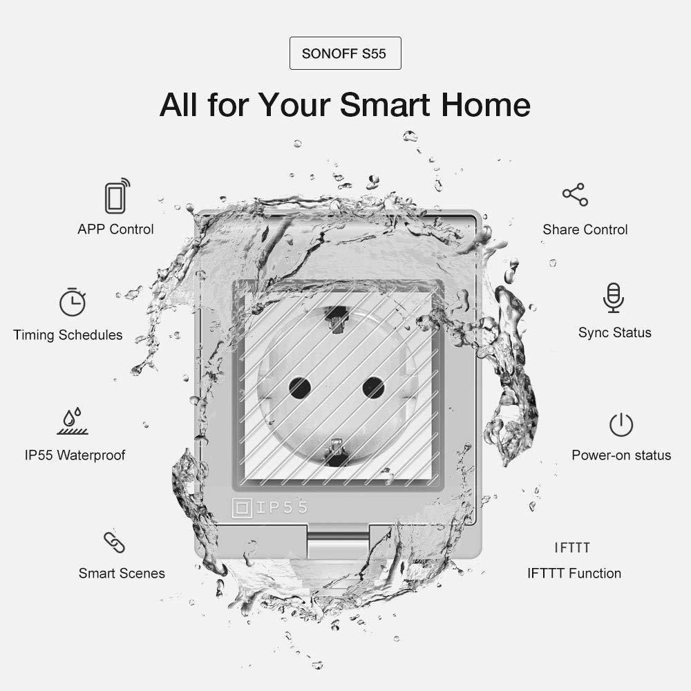 SONOFF S55 WiFi Smart Socket, IP55 Waterproof Smart Plug Outlet Timer Switch for Smart Home, Compatible with Alexa & Google Home Assistant, Compatible with IFTTT, No Hub Required
