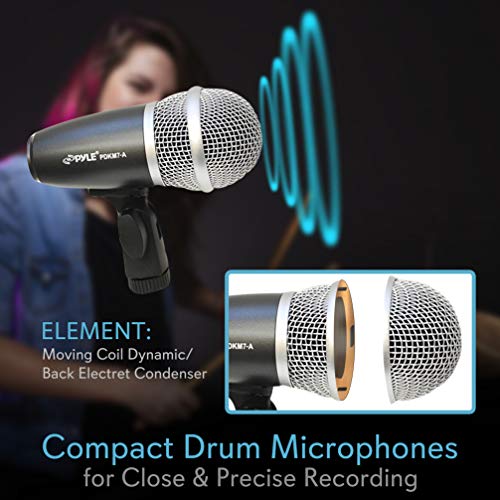 Pyle 7-Piece Wired Dynamic Kit-Kick Bass, Tom/Snare & Cymbals Microphone Set-for Drums, Vocal, & Other Instrument-Complete with Thread Clip, Inserts, Mics Holder & Case, Black