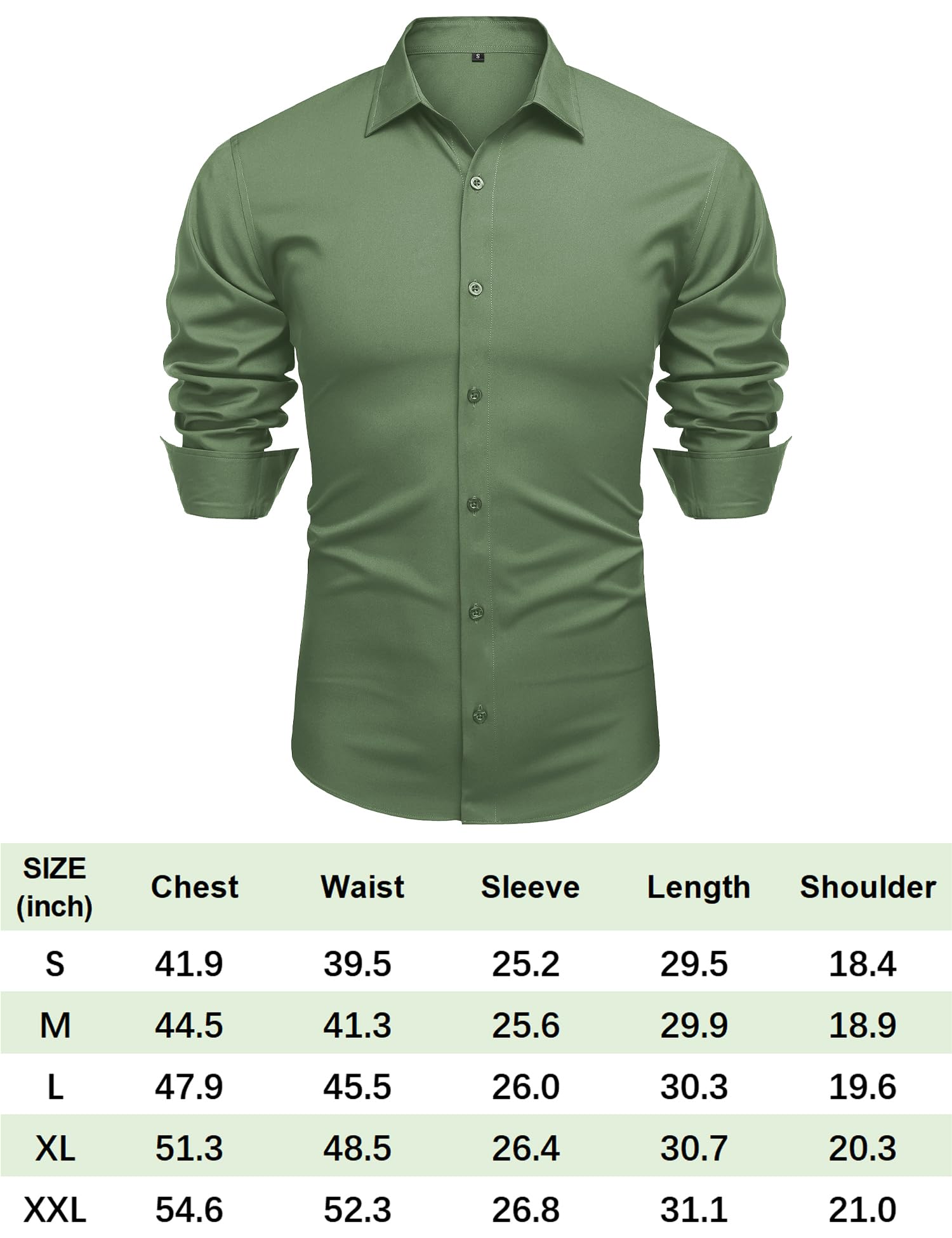 URRU Men's Muscle Dress Shirts Slim Fit Stretch Long Sleeve Casual Button Down Shirts Army Green L