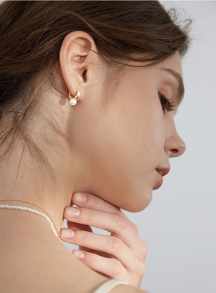 White Pearl Drop Earrings Sterling Silver Small Hoop Earrings with Pearl Huggie Hoops Earrings Studs for Women Golden Dainty Jewelry Gift