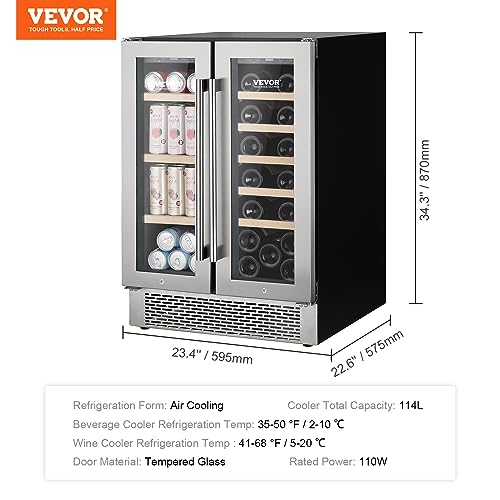 VEVOR Cooler Dual-Zone Beverage Refrigerator Built-in or Freestanding Wine Fridge & Blue LED Light, Tempered Glass Doors, Child Lock for Drink Soda, 81 Cans and 20 Bottles, Black, Silver