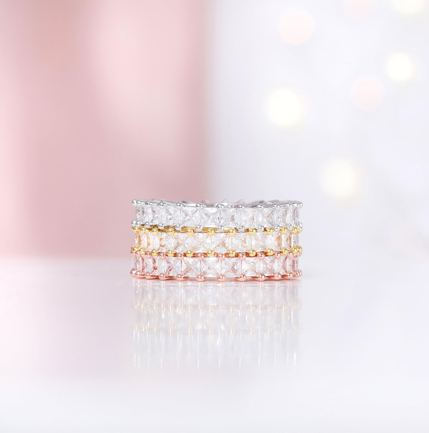 TIGRADE 4mm Eternity Ring Princess Cut Square Cubic Zirconia Engagement Wedding Band for Women Size 5 to 11,Rose Gold,Size 7