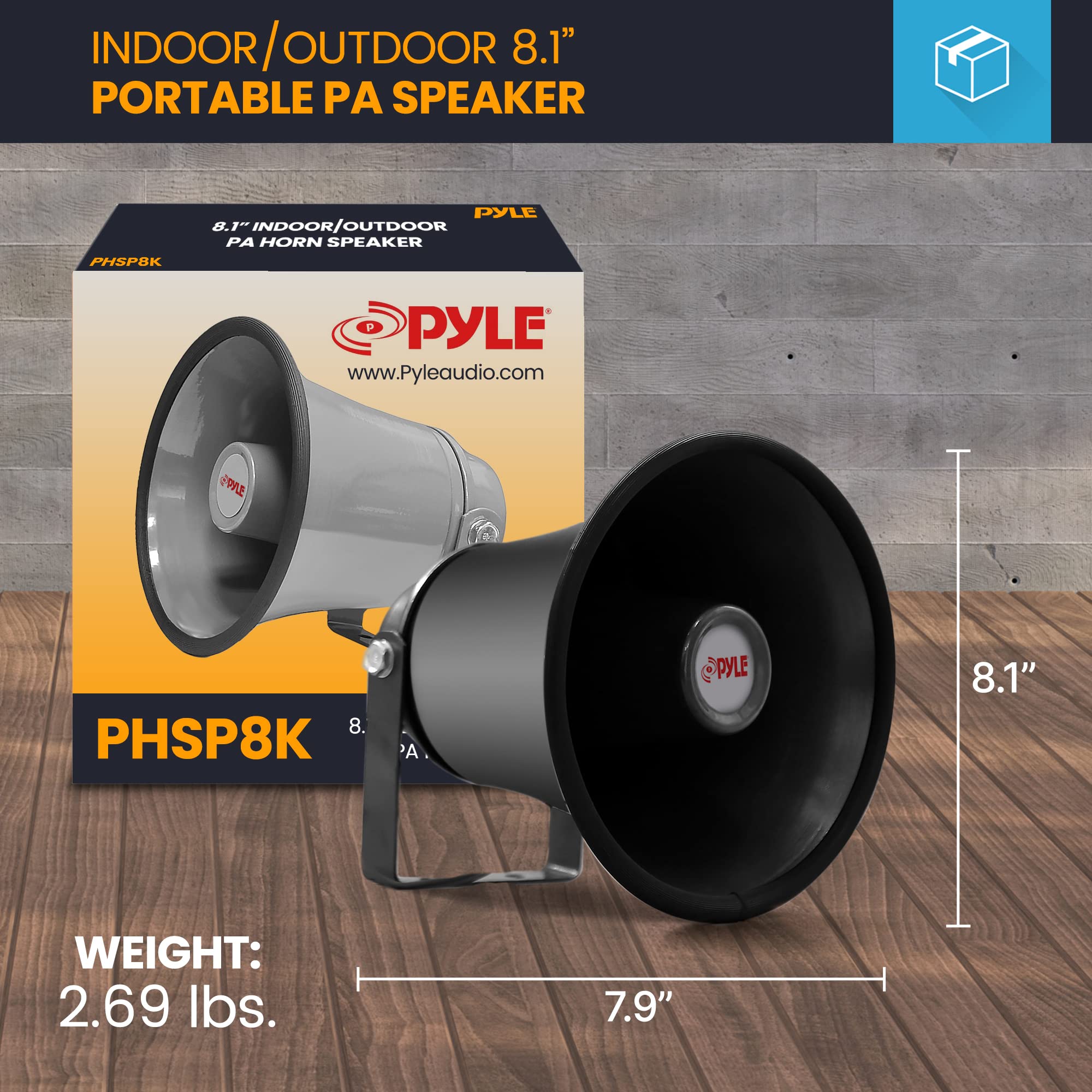 Pyle Indoor / Outdoor PA Horn Speaker - 8.1β Portable PA Speaker with 8 Ohms Impedance & 50 Watts Peak Power - Mounting Bracket & Hardware Included - Pyle PHSP8K,Grey