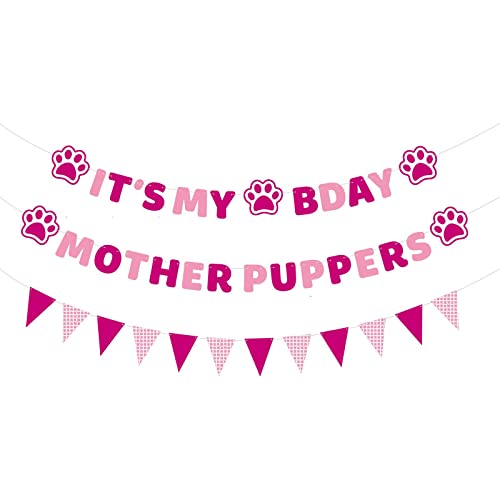 Vicycaty Puppy Dog Birthday Banner, Mother Puppers, It's My Bday, Pink Pennants, 98.43x16.69 inches Cardboard