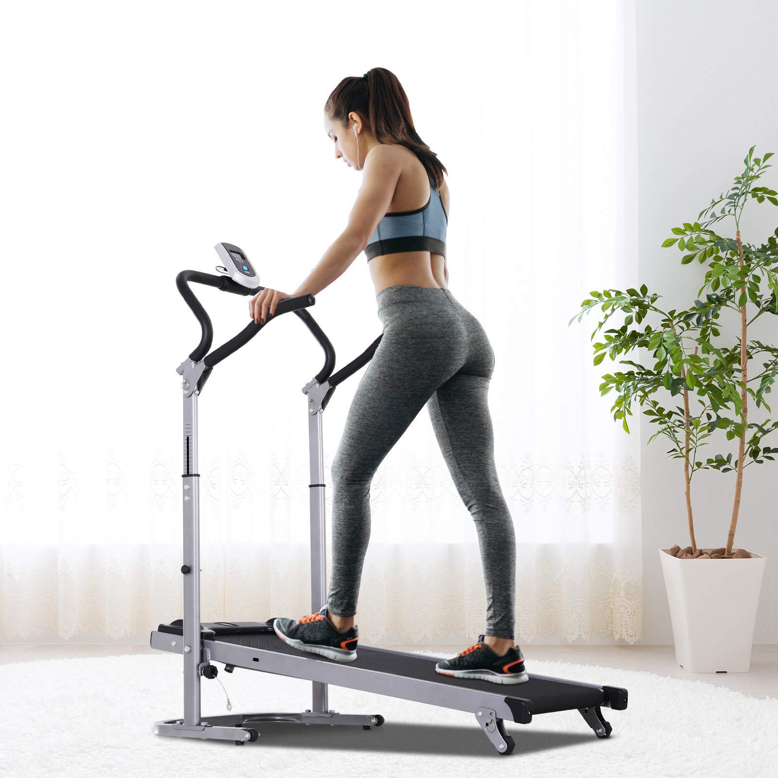 Soozier 2-in-1 Folding Walking Manual Treadmill Machine Sit Up Bench Running with LCD Screen Home Exercise Fitness