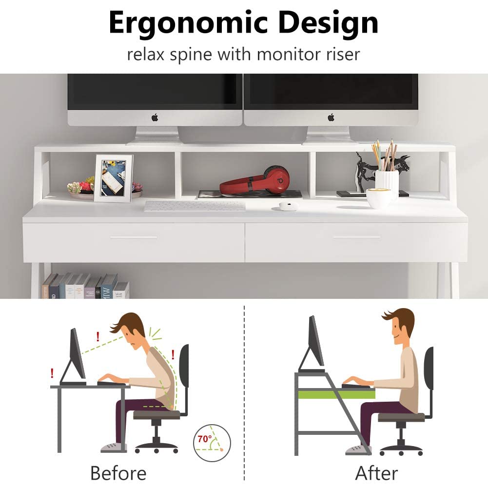 Tribesigns Computer Desk with Storage Shelf & Drawers, Modern 47 inch Office Writing Desk Study Table with Monitor Stand Riser for Home Office Use