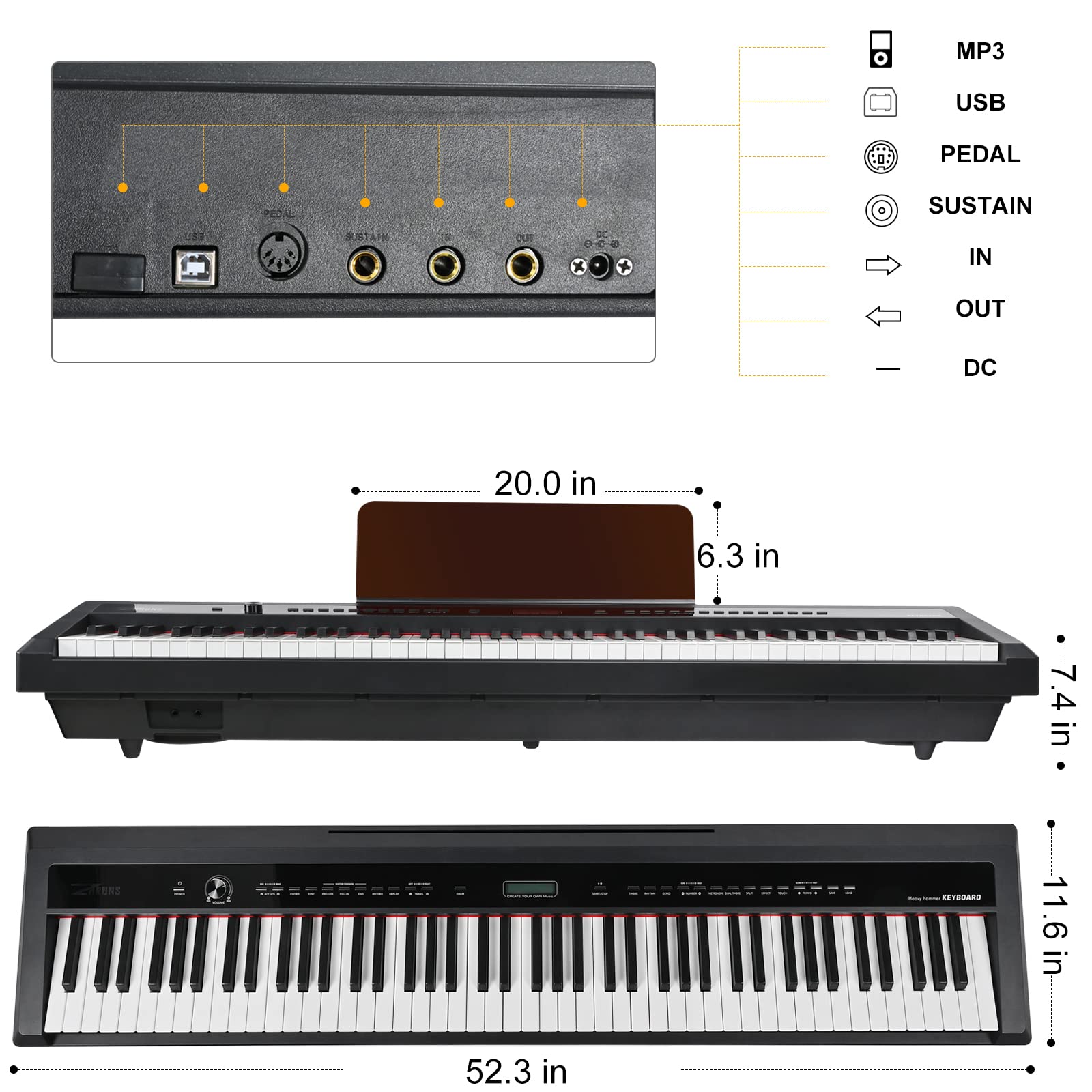 ZHRUNS Beginner Digital Piano,88 Key Weighted Keyboard,Full Size Portable Electric Piano with Sustain Pedal,Power Supply,USB/MIDI/Headphone/Mic/Audio Output Feature
