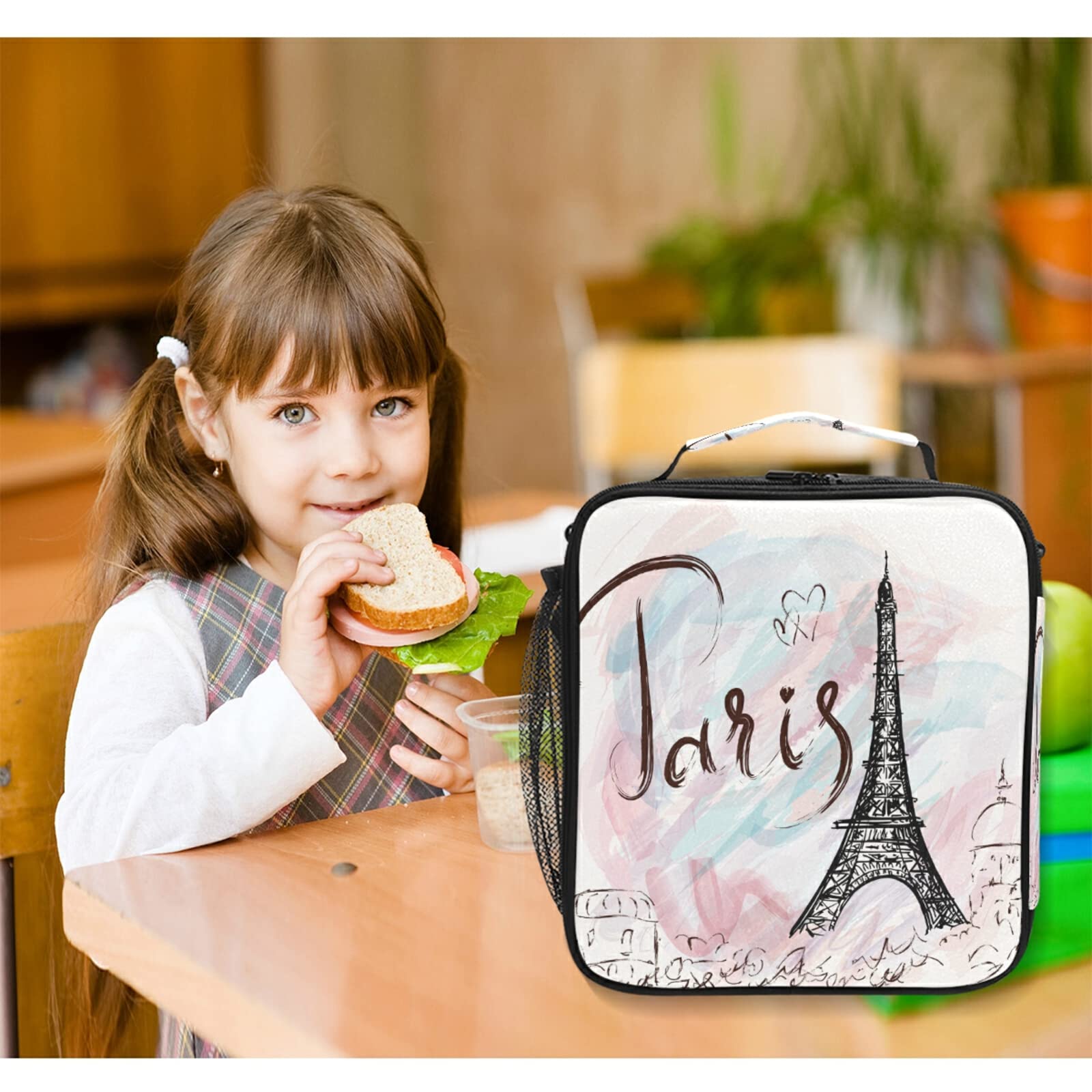 UOYO Paris Eiffel Tower Kids Lunch Box, Romantic Lunch Bag for Girls Boys Insulated Lunchbox Reusable Cooler Bag Portable Thermal Meal Tote for Office Work Back to School
