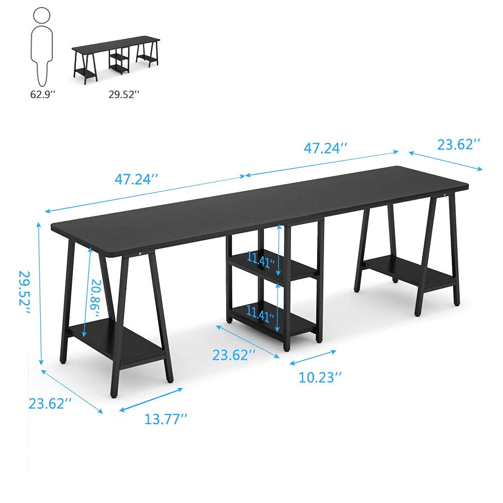 Tribesigns Two Person Desk, 94.5 Inch Double Computer Desk with Storage Shelves, Large Gaming Desk Studying Writing Workstation for Home Office, Black