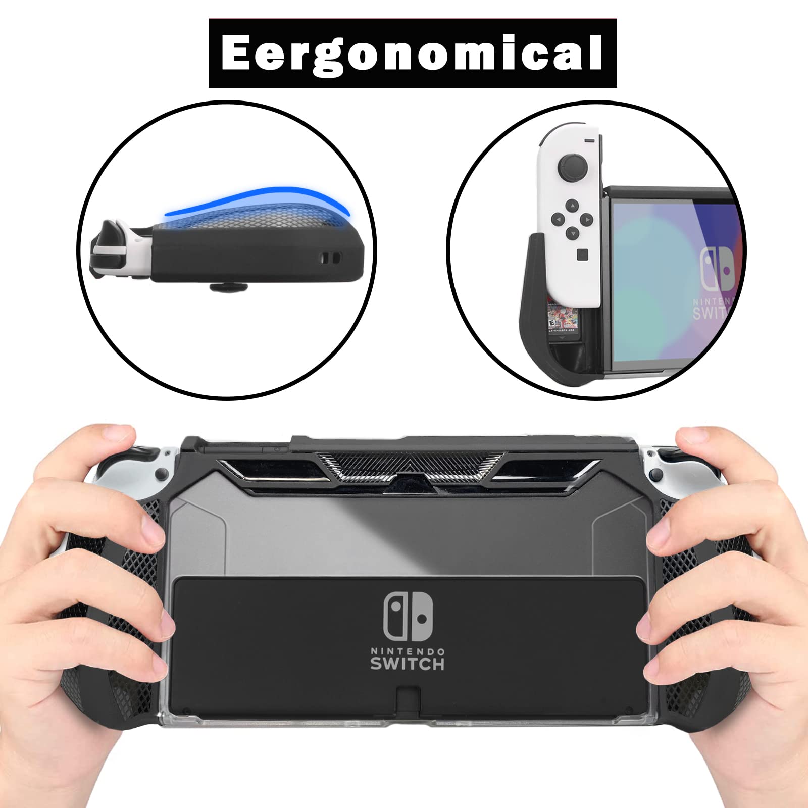 TIKOdirect Dockable Case for Nintendo Switch OLED (2021), TPU Grip Protective Cover Case Accessories with Screen Protectors and Thumb Grip Caps for Switch OLED Console and Joy-Con Controller, Black