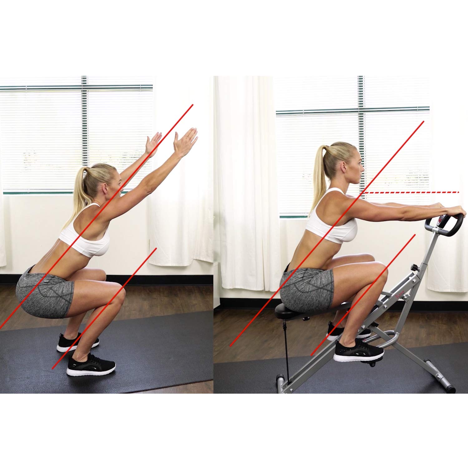 Sunny Health and Fitness Upright Squat Assist Row-N-Ride Trainer for Squat Exercise and Glutes Workout with Workout Cooling Towel