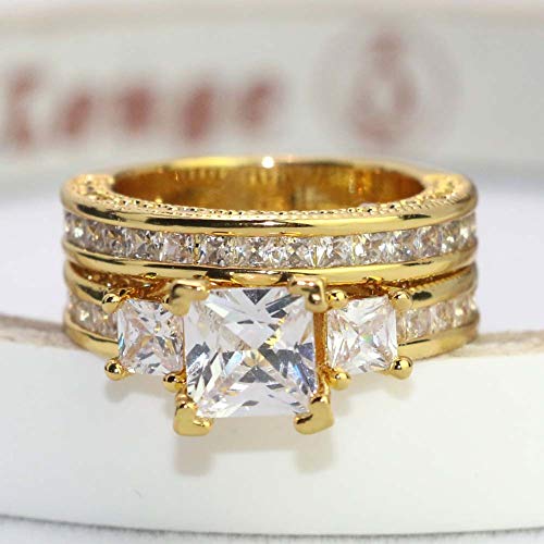 ringheart Couple Rings Three stone Yellow Gold Filled Princess cut Cz Womens Wedding Ring Sets Titanium Wedding Band