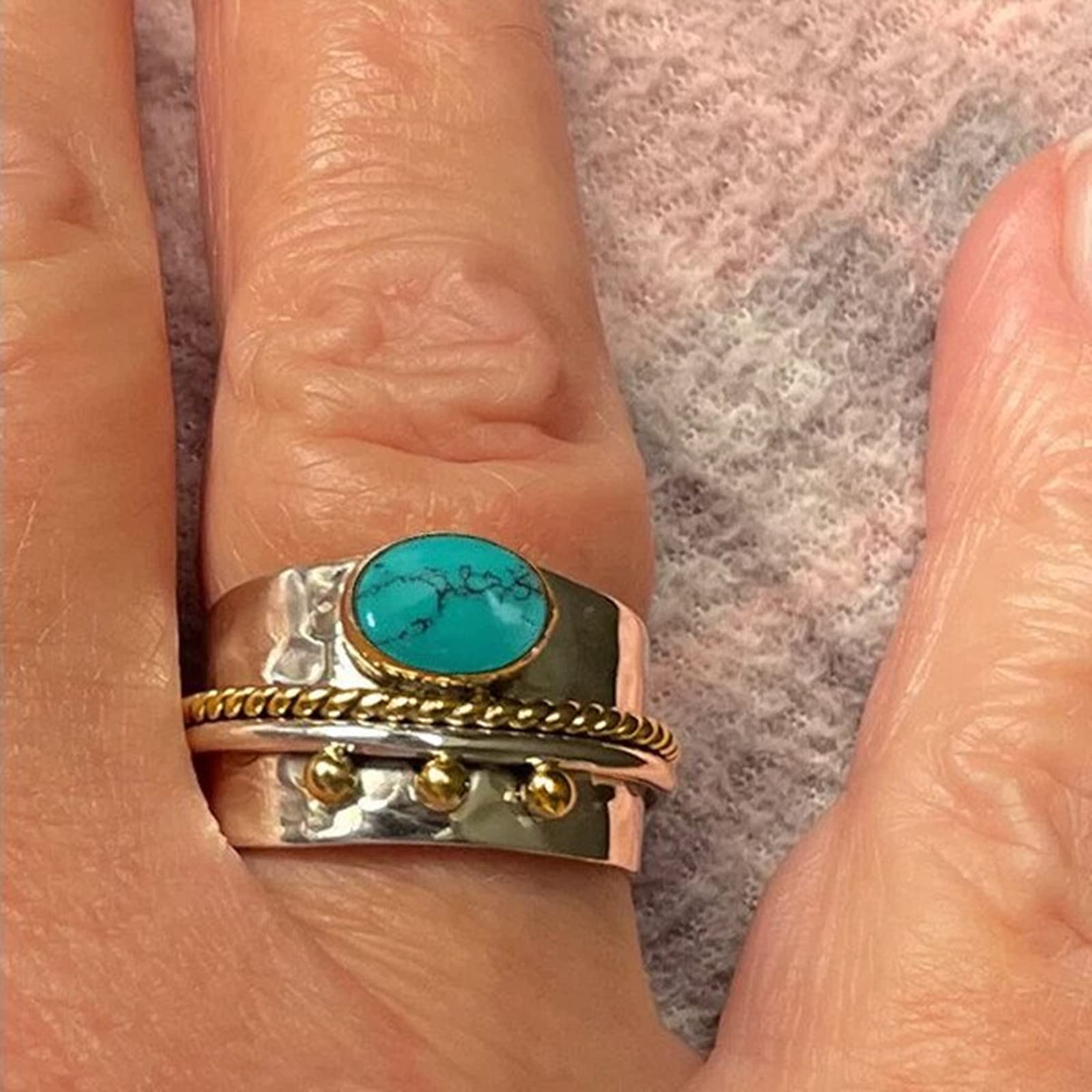 XLAQ Turquoise Wide Band Ring, Boho Vintage Two Tone Ring, Exquisite Rings Gift for Festival Birthday Anniversary (US10)