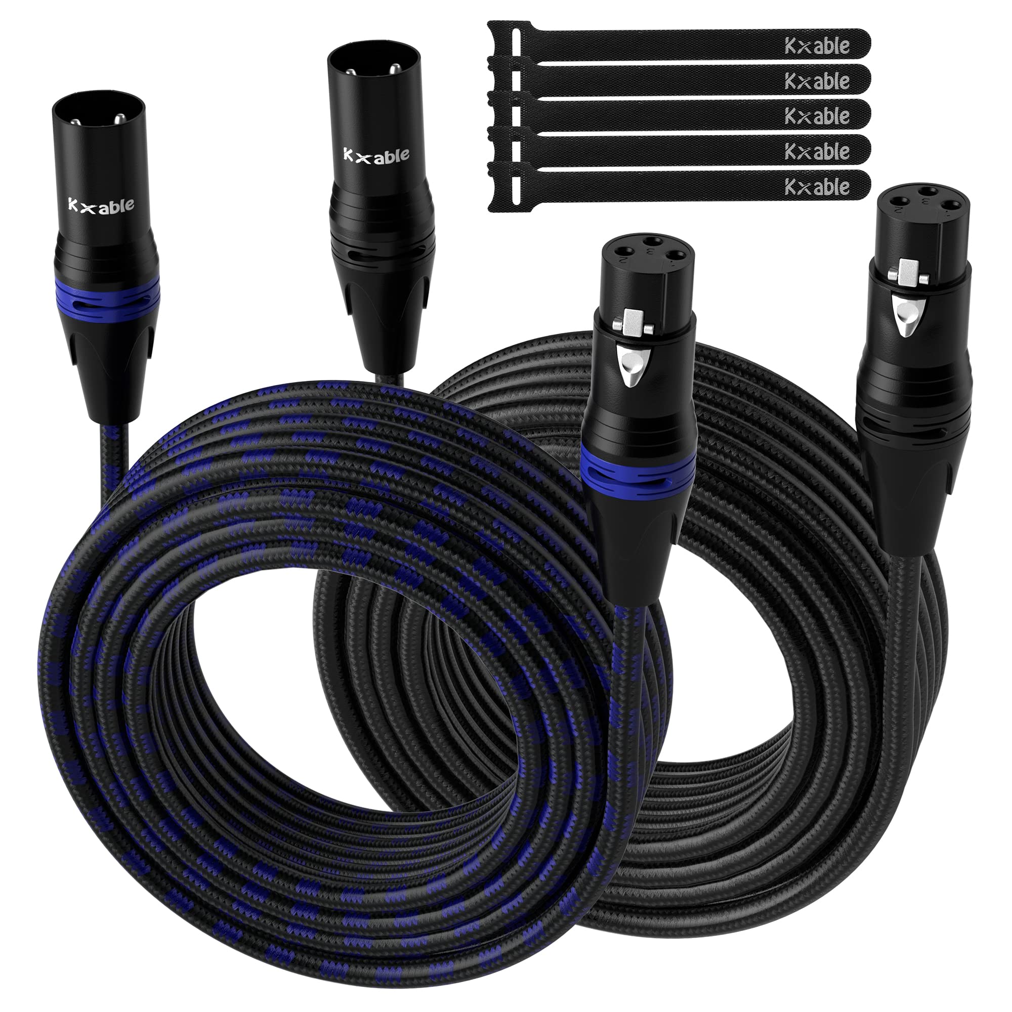 XLR Microphone Cable 15 Feet (2 Pack, Multi Colored), 3 Pin Shielded Balanced Male to Female Mic Patch Cord, Nylon Braided, Zinc Alloy Shells, OFC, for Amplifier, Speaker, Mixer with 5 Cable Ties