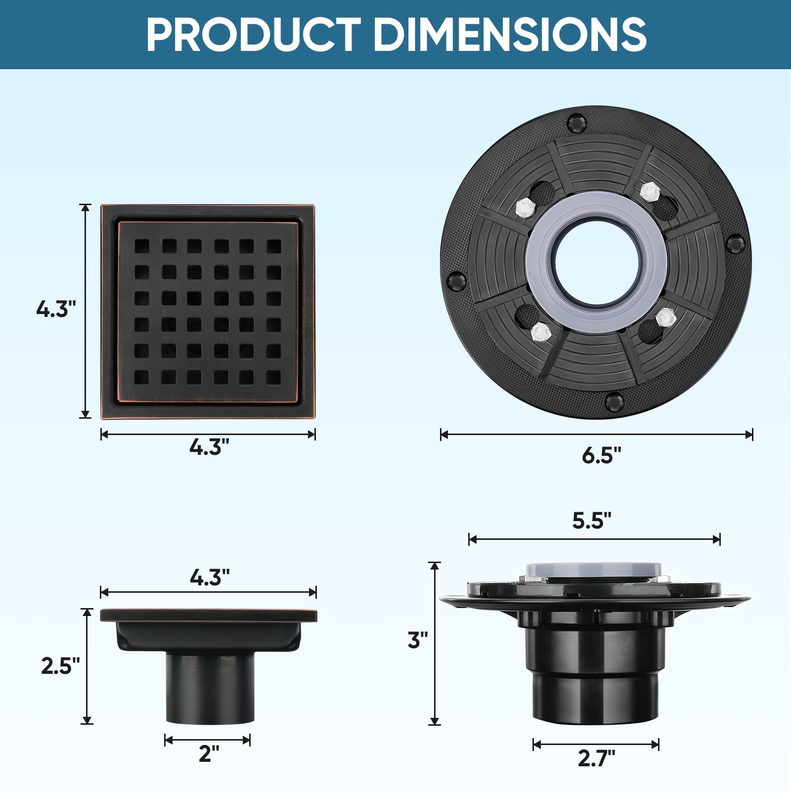 TICONN 4'' Square Floor Shower Drain, Lattice Square Perforated Pattern Easy Cleaning Removable Grate, Rustproof SUS 304 Stainless Steel (Oil Rubbed Bronze, 4'')