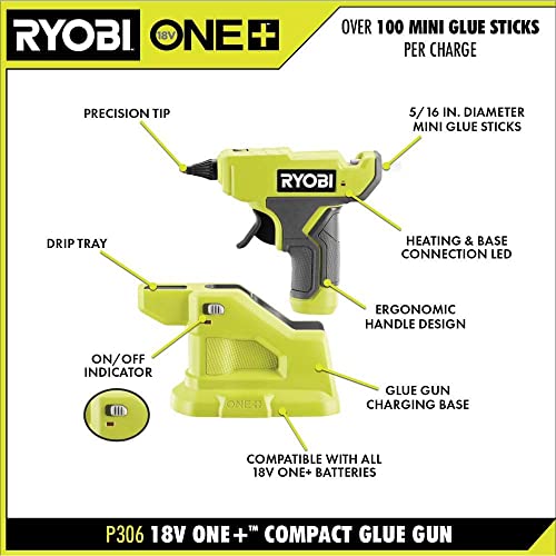 Techtronics Ryobi ONE+ 18V Cordless Compact Glue Gun Kit with 1.5 Ah Compact Lithium-Ion Battery and 18V Charger