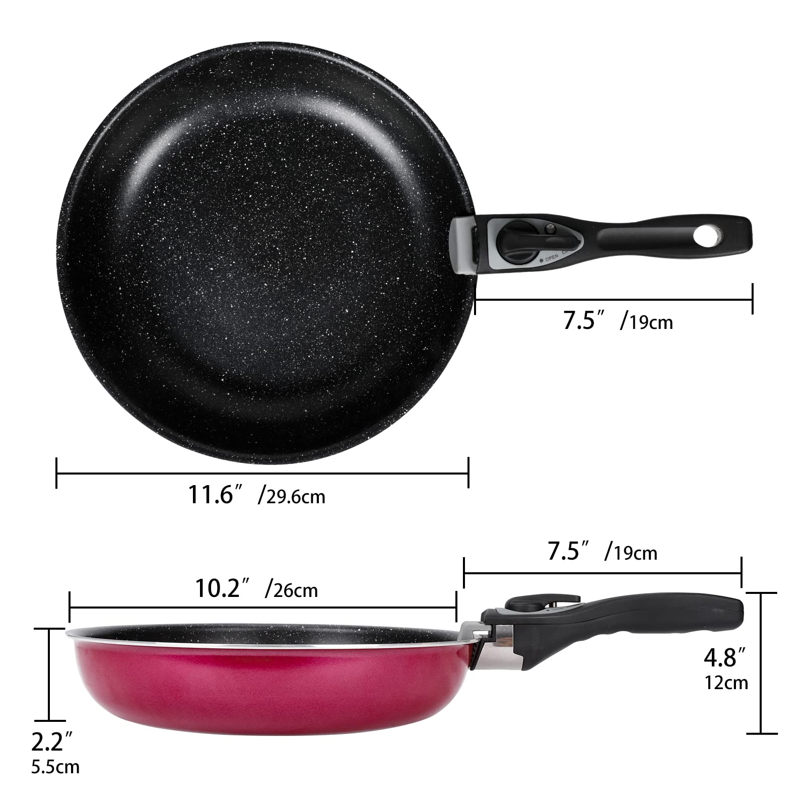 ZNM Nonstick Frying Pan Set, 10.2" & 11.6" Non Stick Frying Pans Omelette Skillet with Removable Handle, Aluminum Fry Pan Set Induction, Oven & Dishwasher Safe, Black