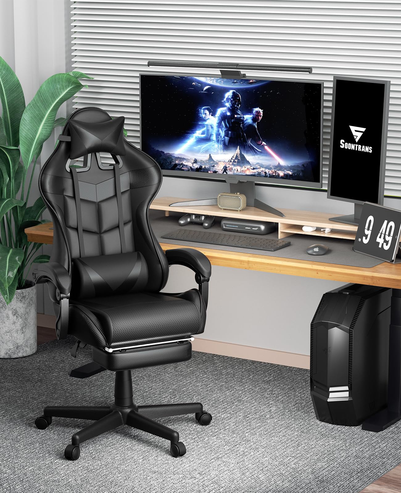 Soontrans Black Gaming Chairs with Footrest, Ergonomic Gamer Chair, Home Office Chair,PC Computer Chair with Headrest and Lumbar Support(Dark Black)