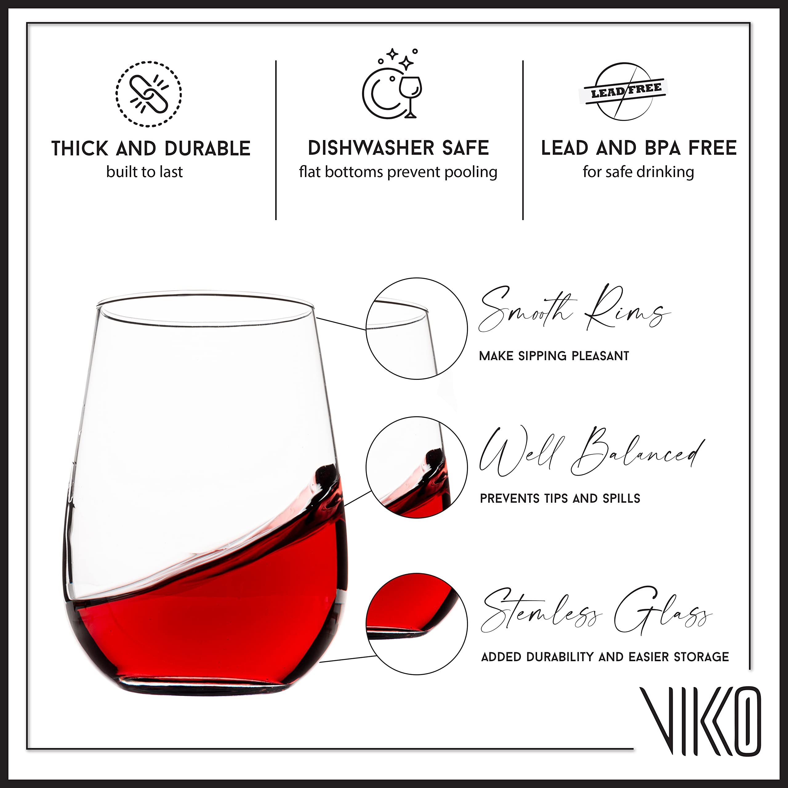 Vikko 12.25 Ounce Stemless Wine Glasses | – Dishwasher Safe – For Parties, Weddings, and Everyday – Great Gift Idea – Set of Six Stemless Wine Glass Tumblers