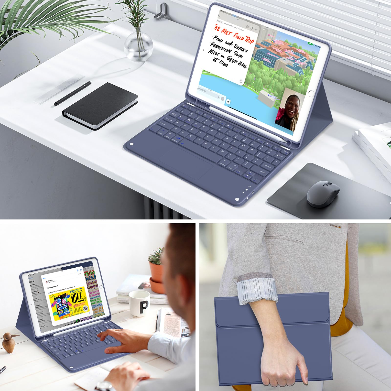 PDGSHMB Keyboard Case for iPad 9th 2021 / iPad 8th 2020 / iPad 7th Generation 2019 Case with Pencil Holder/Touchpad-Magnetically Detachable Bluetooth Keyboard Smart Cover for iPad 10.2 Inch, (Purple)