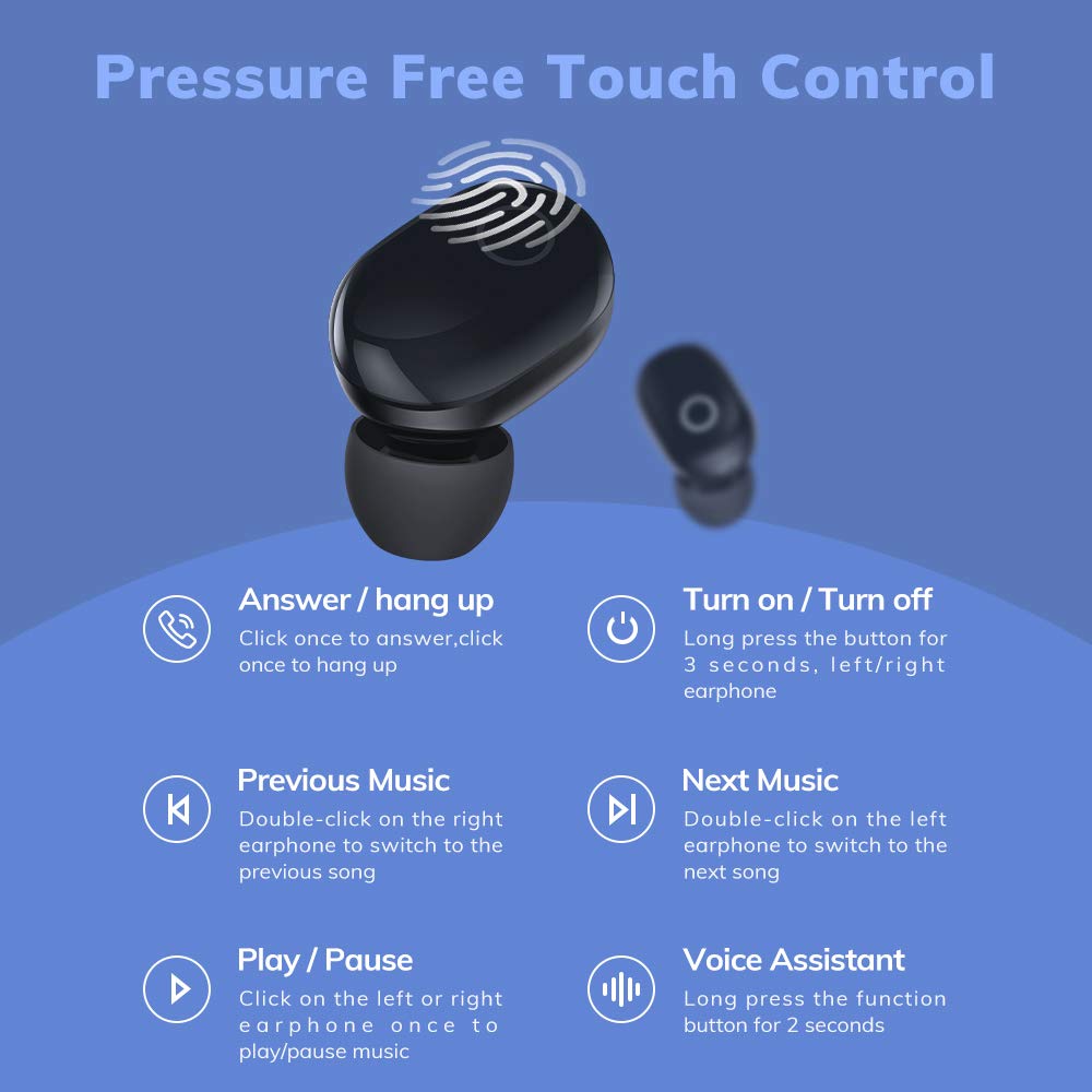 True Wireless Earbuds Bluetooth Headphones Touch Control with Wireless Charging Case in-Ear Headset for Sports, Mystic Black