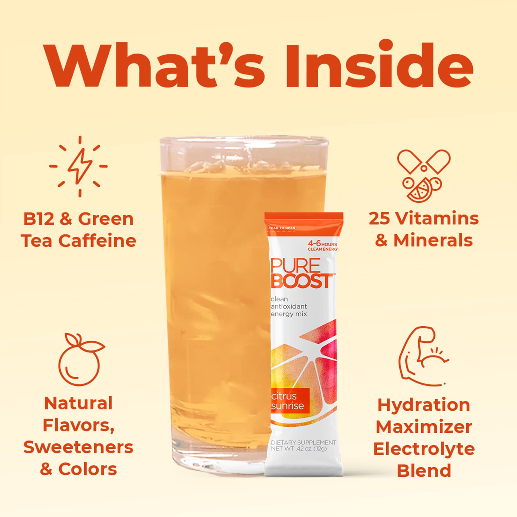 Pureboost Clean Energy Drink Mix + Immune System Support. Sugar-Free Energy with B12, Multivitamins, Antioxidants, Electrolytes (Citrus Sunrise, 30 Count)