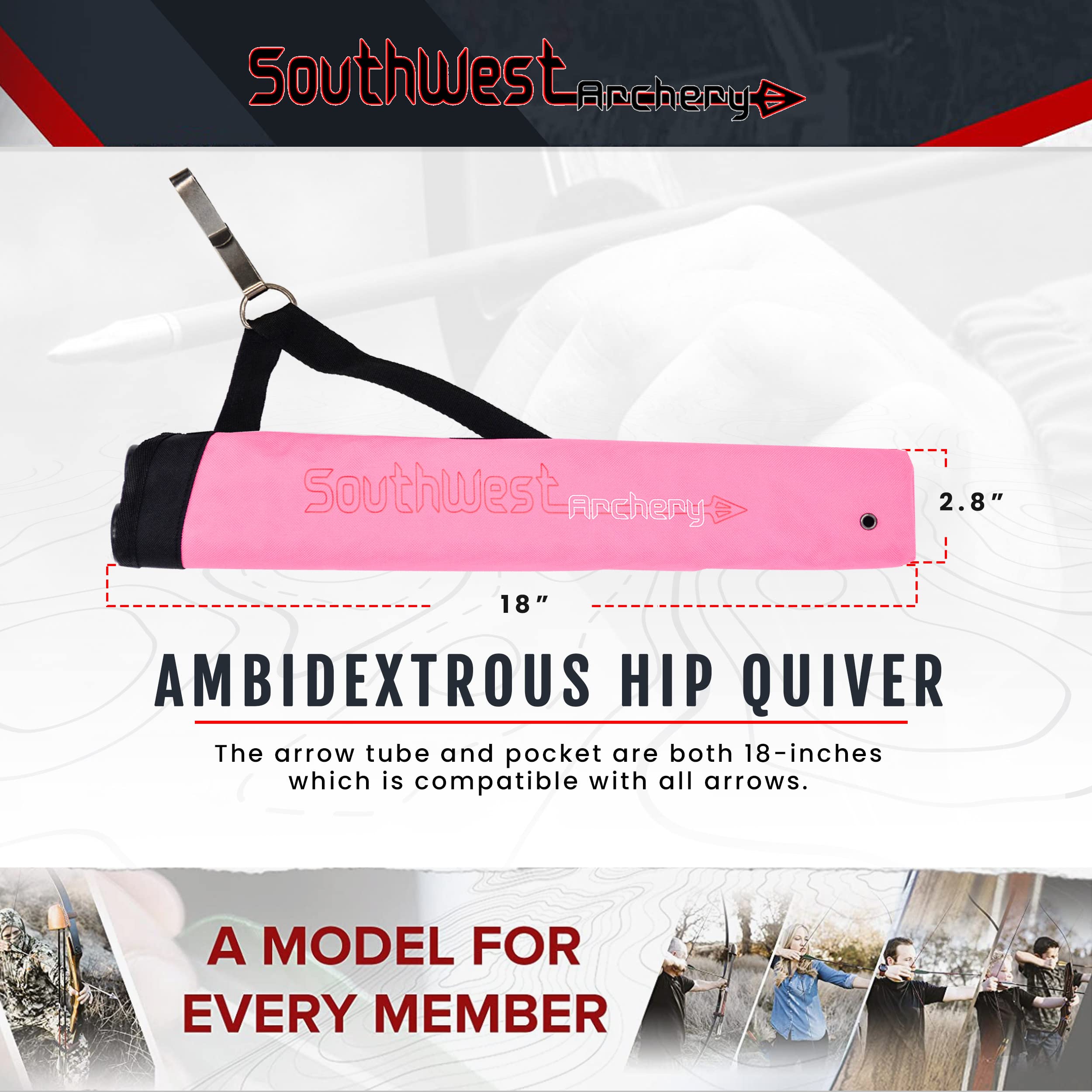 Southwest Archery Universal Hip Quiver - Two Removable 18 inch Arrow Tubes - Clips on to Your Belt β Right and Left Handed - Pink