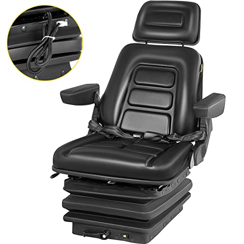 VEVOR Universal Tractor Suspension Seat, 35-170° Backrest Angle Adjustable Air Ride Seat Replacement w/Seat Belt & Safety Switch, Compatible with Forklift/Van/Mower, Black Vinyl