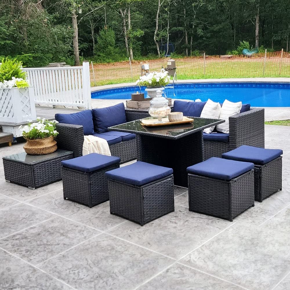 Sophia & William 9 Piece Patio Furniture Set Rattan Wicker Outdoor Sectional Sofa Set with Dining Table and Chairs, Conversation Set with Storage Box & Glass Table Top