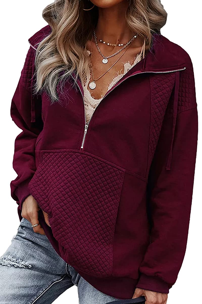Veatzaer Womens Long Sleeve Zipper V Neck Quilted Pattern Pocket Sweatshirt Casual Ladies Pullovers Shirts Tops Wine Red