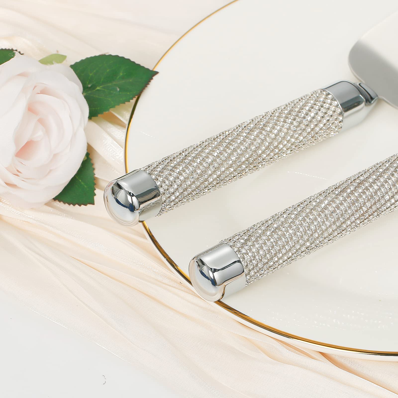 Wedding Cake Knife and Server Set, Personalized Cake Cutting Set, Engraved Elegant Cake Cutters With Sparkling Diamonds, Custom Pie Spatula and Cake Knife, Birthday Bridal Quinceañera Gift (Silver 3)