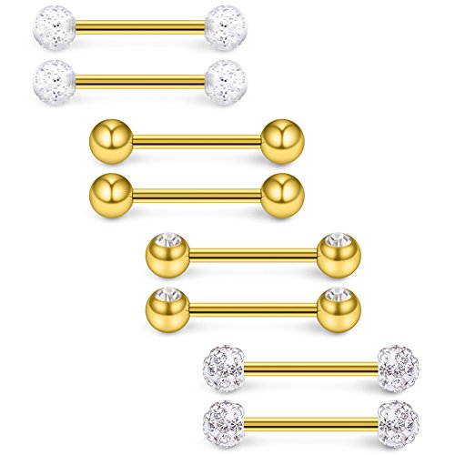 Ruifan 14G 9/16Inch Crystal Ball Nipple Tongue Shield Ring Barbell Body Piercing Jewelry Retainer 8PCS - Gold