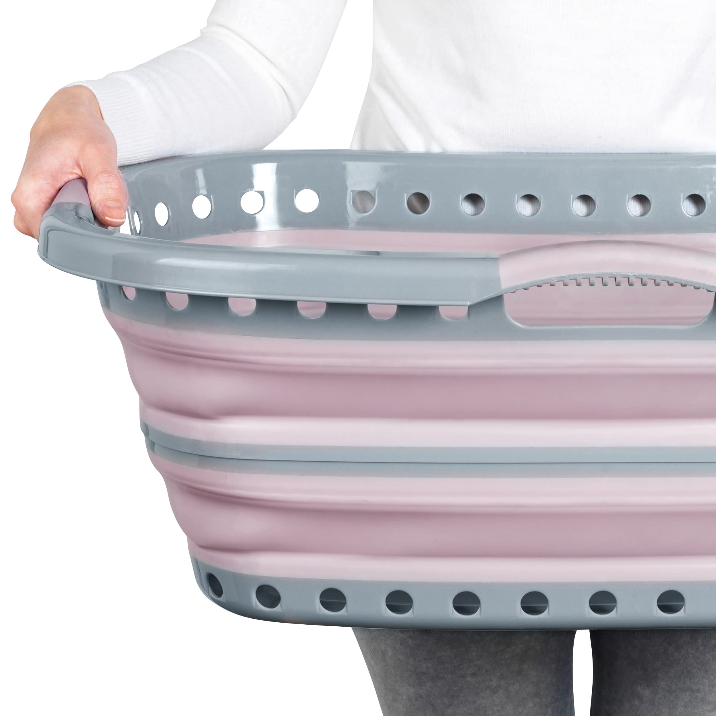 Russell Hobbs LA083555PNKEU7 Collapsible Hip Hugger 37 Litre Laundry Basket, Curved Shape, Non-Slip Handles, Portable & Lightweight, Compact For Easy Storage, Pink