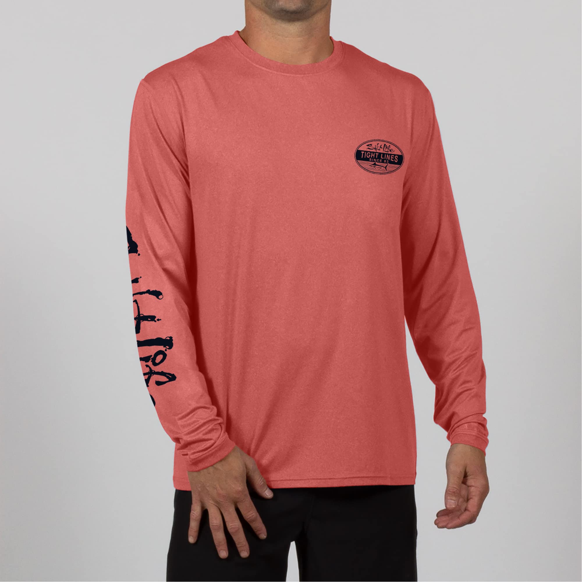 Salt Life Tight Lines Performance Long Sleeve Classic Fit Shirt, Light Aruba Heather, Large