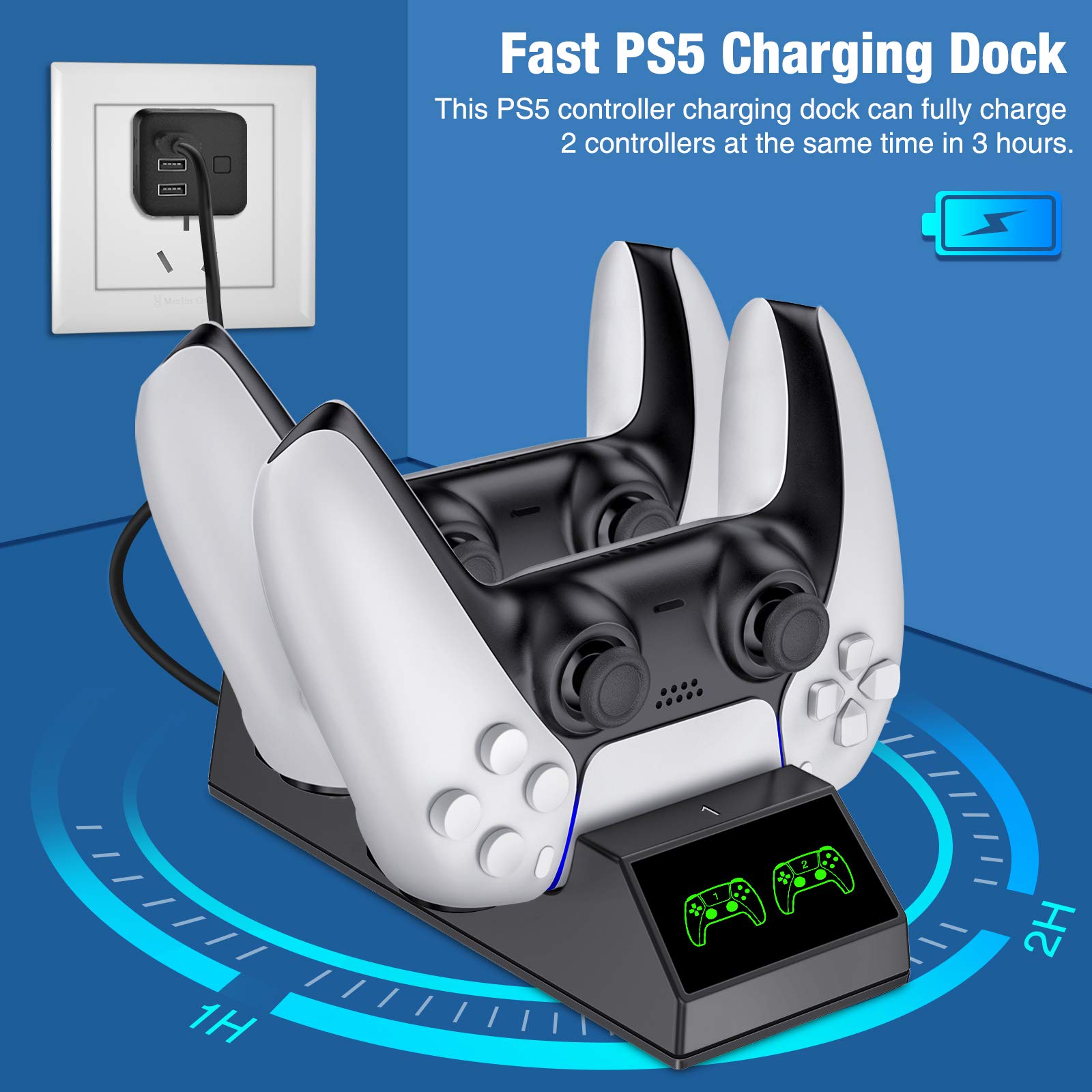 PS5 Controller Charger Station Compatible with Upgraded Playstation 5 Dualsense Controller, DinoFire USB Type-C Fast PS5 Controller Dual Charging Dock Station with 2 Type-C Connectors & LED Indicators