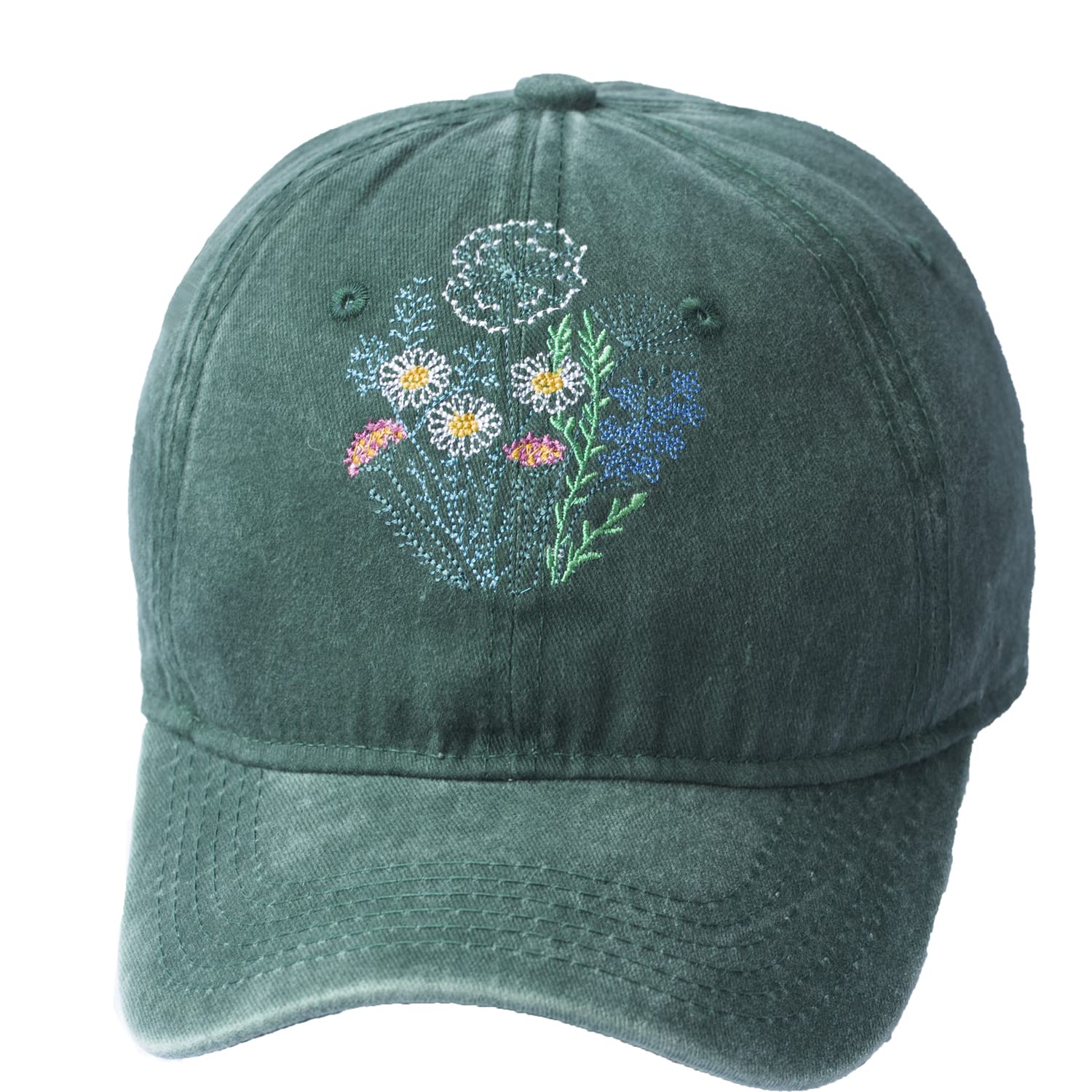 Women Wildflower Hat - Garden Baseball Hat ，Embroidered Floral Green Baseball Hat,Green