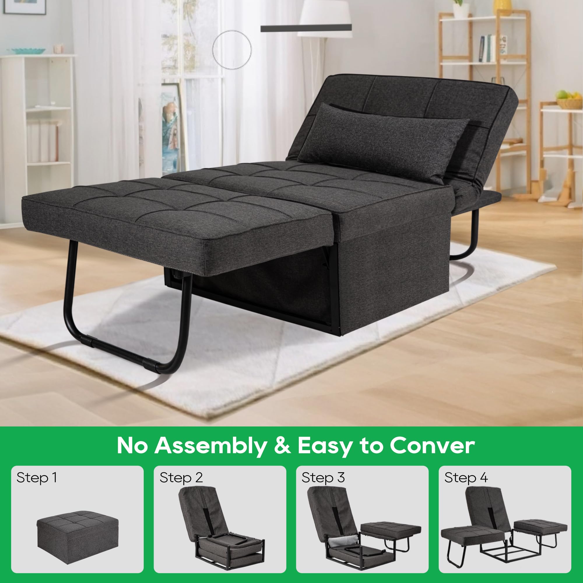 PORWEY Sleeper Chair Bed, 4-in-1 Convertible Futon Ottoman bed Sleeper, Foldable Sofa Couch with Adjustable Backrest for Guest Room/Office Living Room, No Assembly Required, 36” Width,Gray