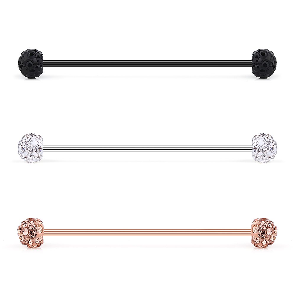 Ruifan 3PCS 16G Mix Color Crystal Ball With Mix Color Plated Stainless Steel Industrial Barbell Earring Cartilage Body Piercing Jewelry 1 1/2 Inch(38mm)