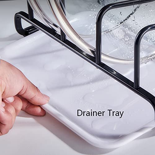 SEYFI Kitchen Shelves,3 Slots Pot Lid Holder Organizer, Kitchen Pot Lid Rack with Draining Tray, Space Aluminum Cutting Board Stand, Reusable, Space Saving/White
