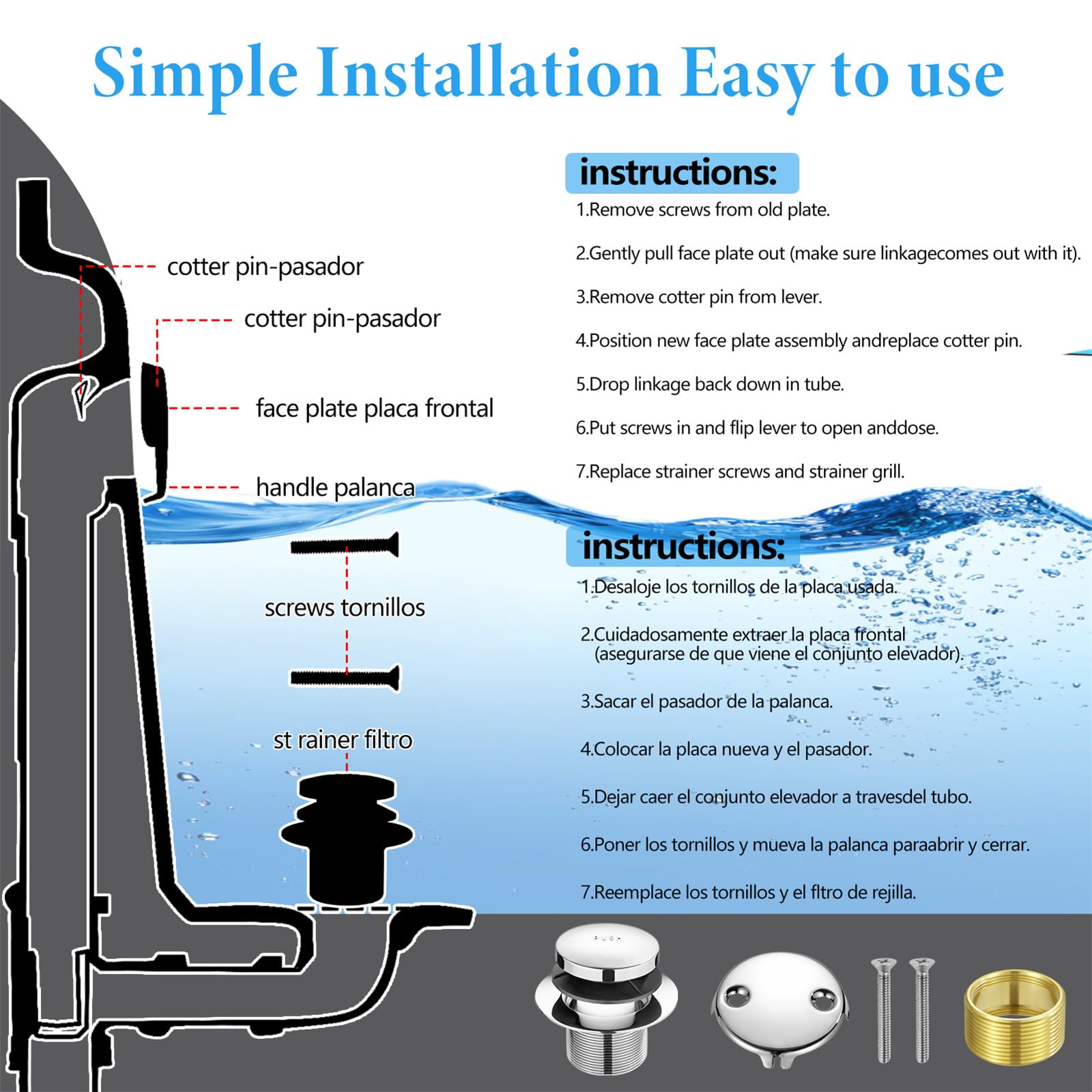 Tip Toe Bathtub Drain Conversion Kit Assembly, Tub Drain Plug Trim Set Bath Tub Drain Stopper with Two-Hole Overflow Faceplate (Chrome Plated)