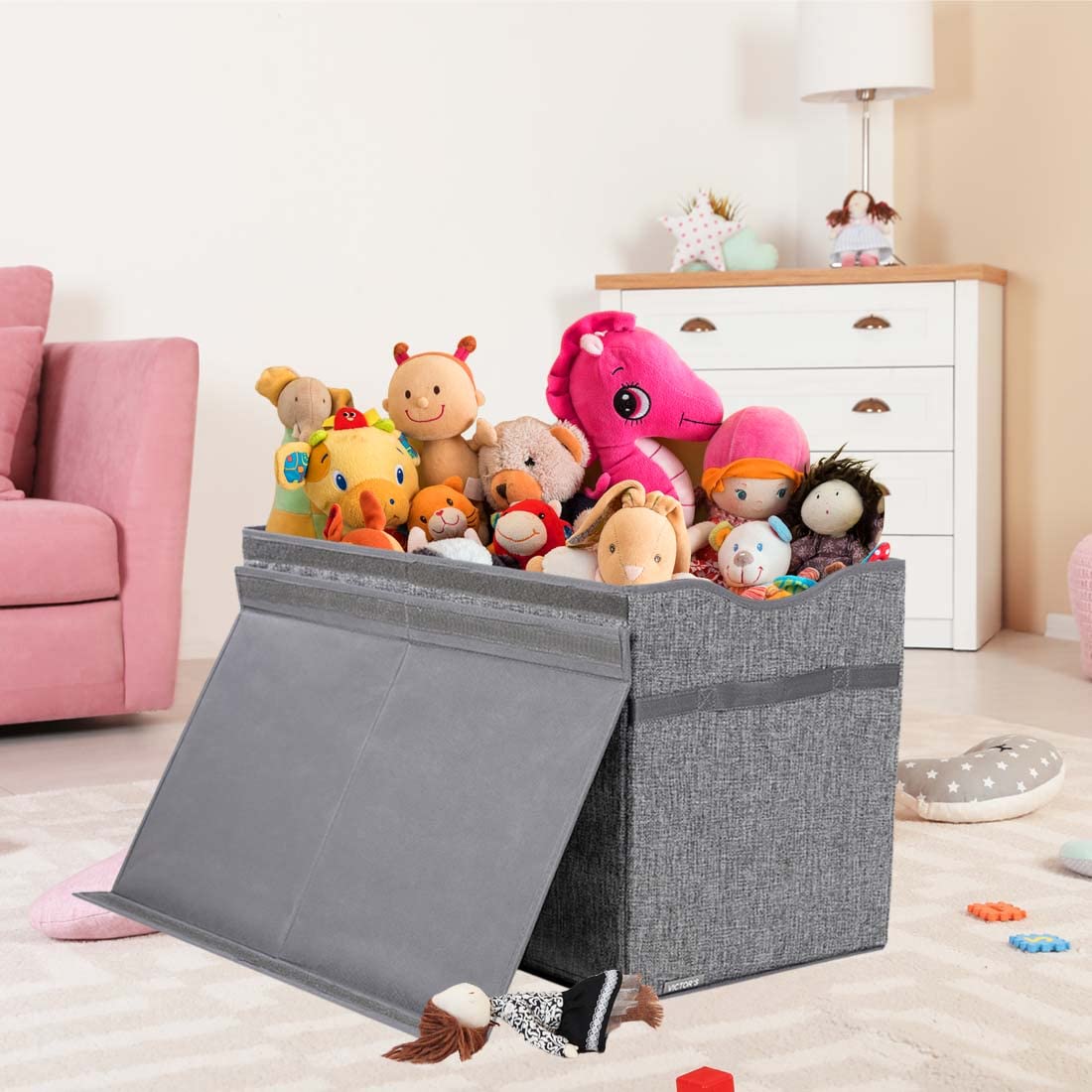 VICTOR'S Kids Toy Box Chest - 2 Pack Large Lightweight Collapsible Toy Storage Organizer Boxes Bins Baskets Dark Grey + Thick Grey, 26.8in x 13.8in x 16in