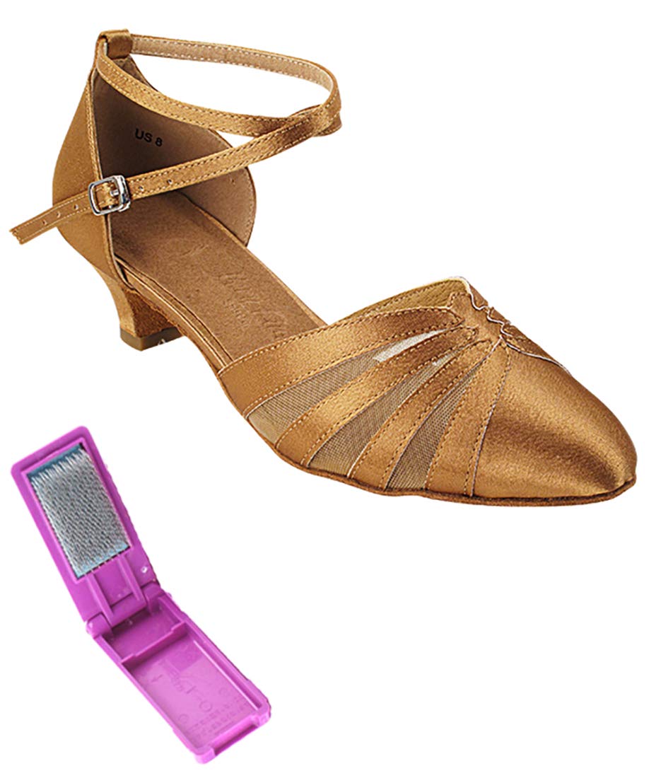 Very Fine Dance Shoes - Ladies Practice, Cuban Low Heel, Waltz Ballroom Dance Shoes - SERA3543-1.2-inch Heel and Foldable Brush Bundle - Brown Satin - 9