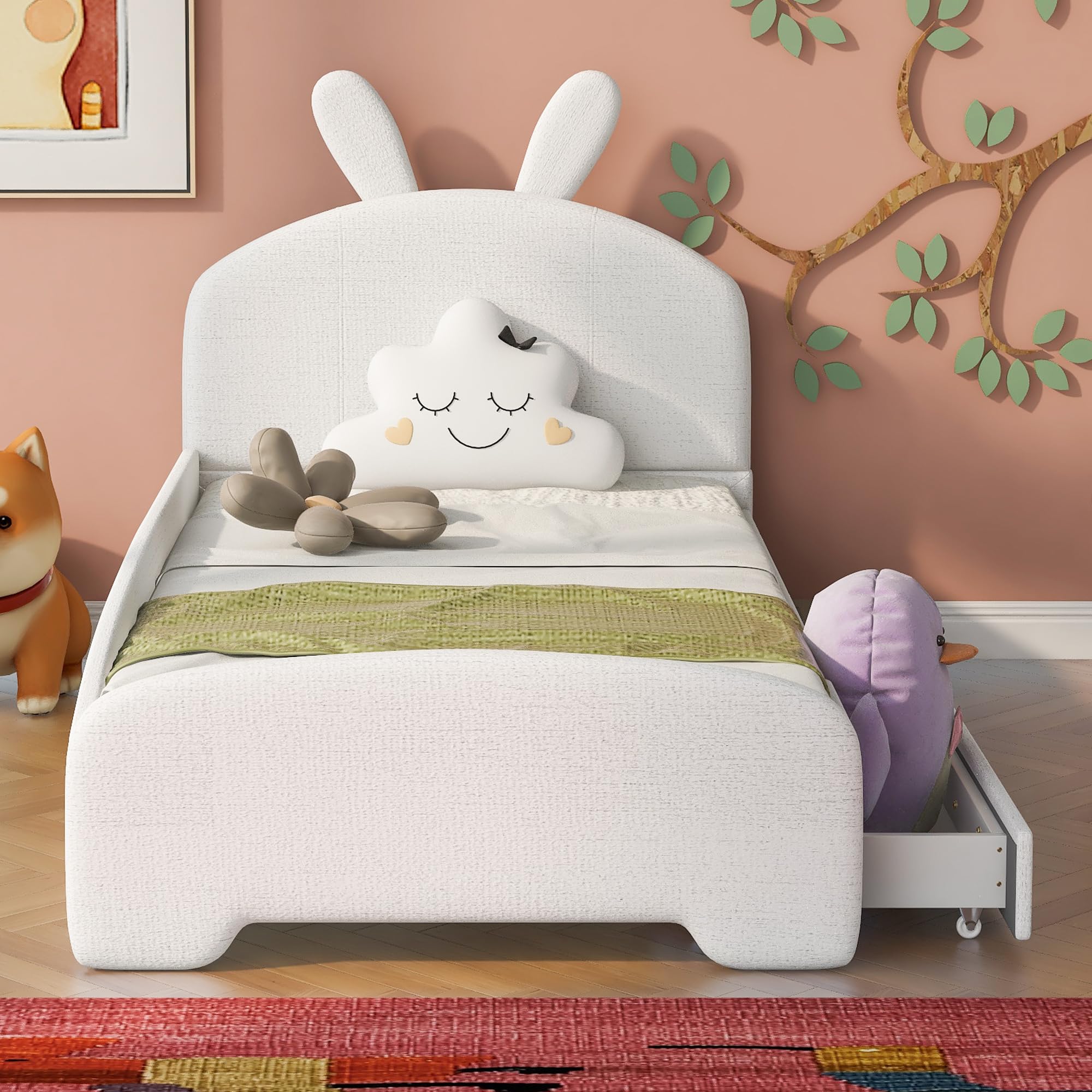 PRNDOLE Twin Size Upholstered Platform Bed Frame with 2 Drawers and Cartoon Ears Shaped Headboard for Kids,White