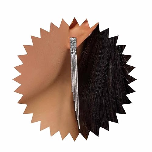 Sttiafay Vintage Rhinestone Dangle Earrings Silver Sleek Chain Drop Earrings Crystal Long Chain Tassel Earrings Sleek Metal Chain Earrings Jewelry for Women and Girls