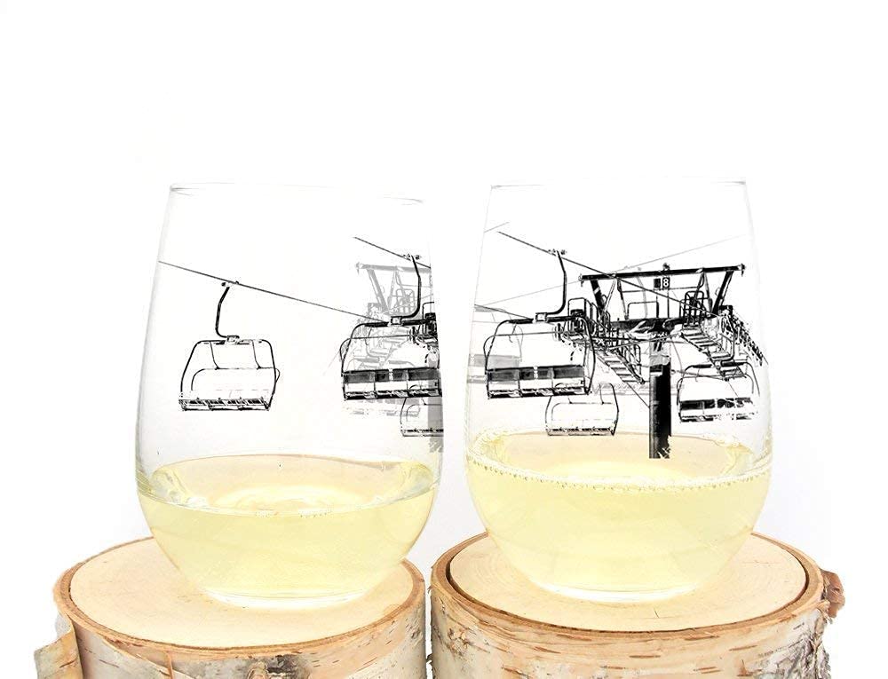 Wine Glasses by Black Lantern β Handmade Printed Stemless Wine Glasses and Bar Glasses with Ski Lift Design (Set of Two 17oz. Glasses)