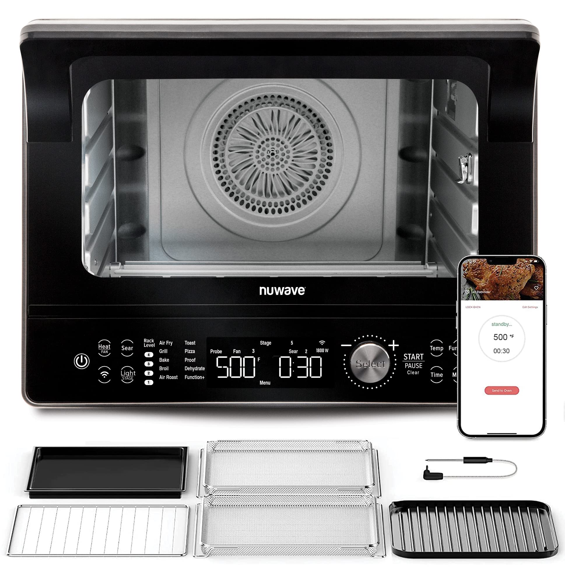 NuWave TODD ENGLISH iQ360 Digital Smart Oven, 20-in-1 Convection Infrared Grill Griddle Combo, 34-Qt Mega Capacity, 1800 Watts & Double Precision Induction Cooktop