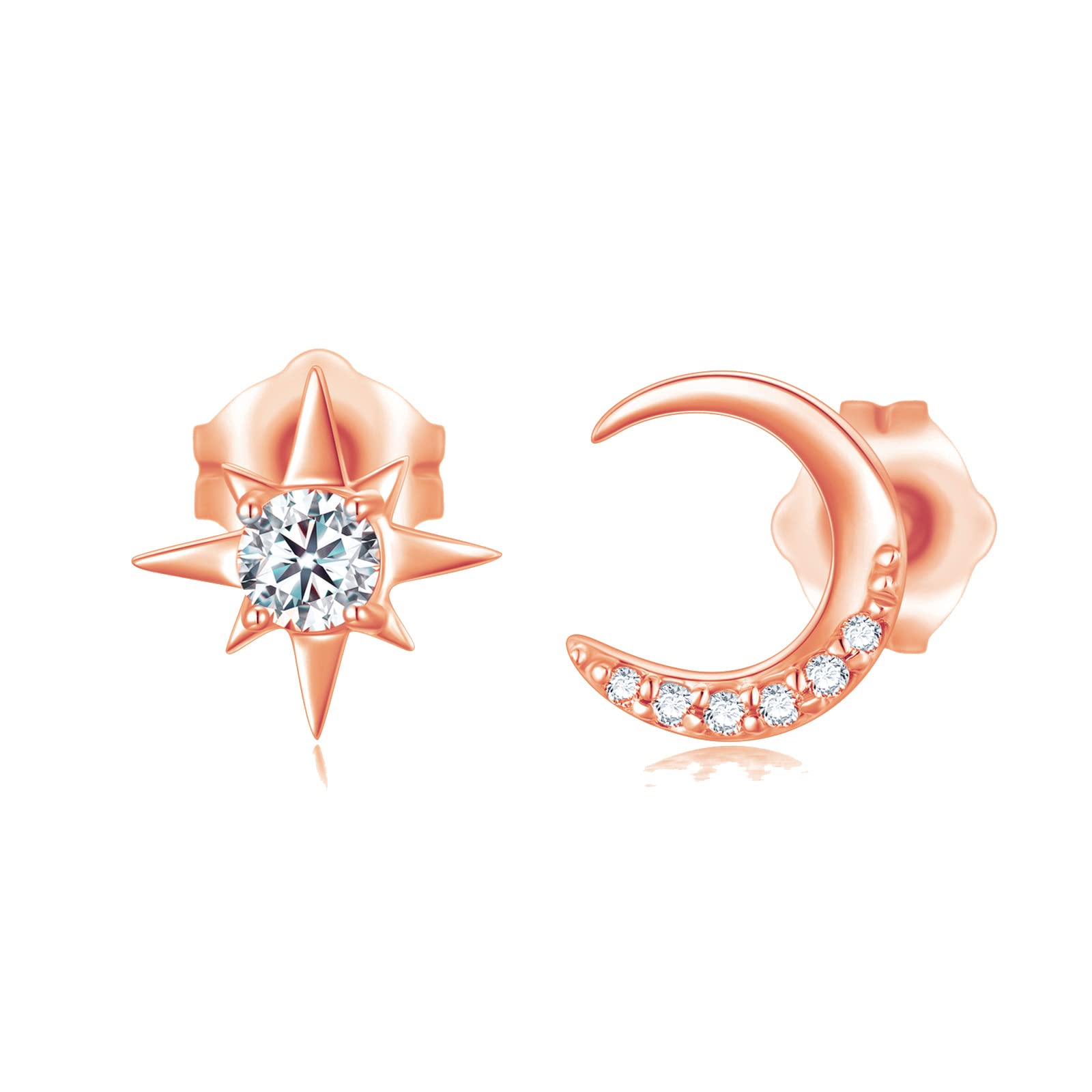 Solid 14k Yellow Gold Moon and North Star Earrings, Real Gold Stud Earring for Women