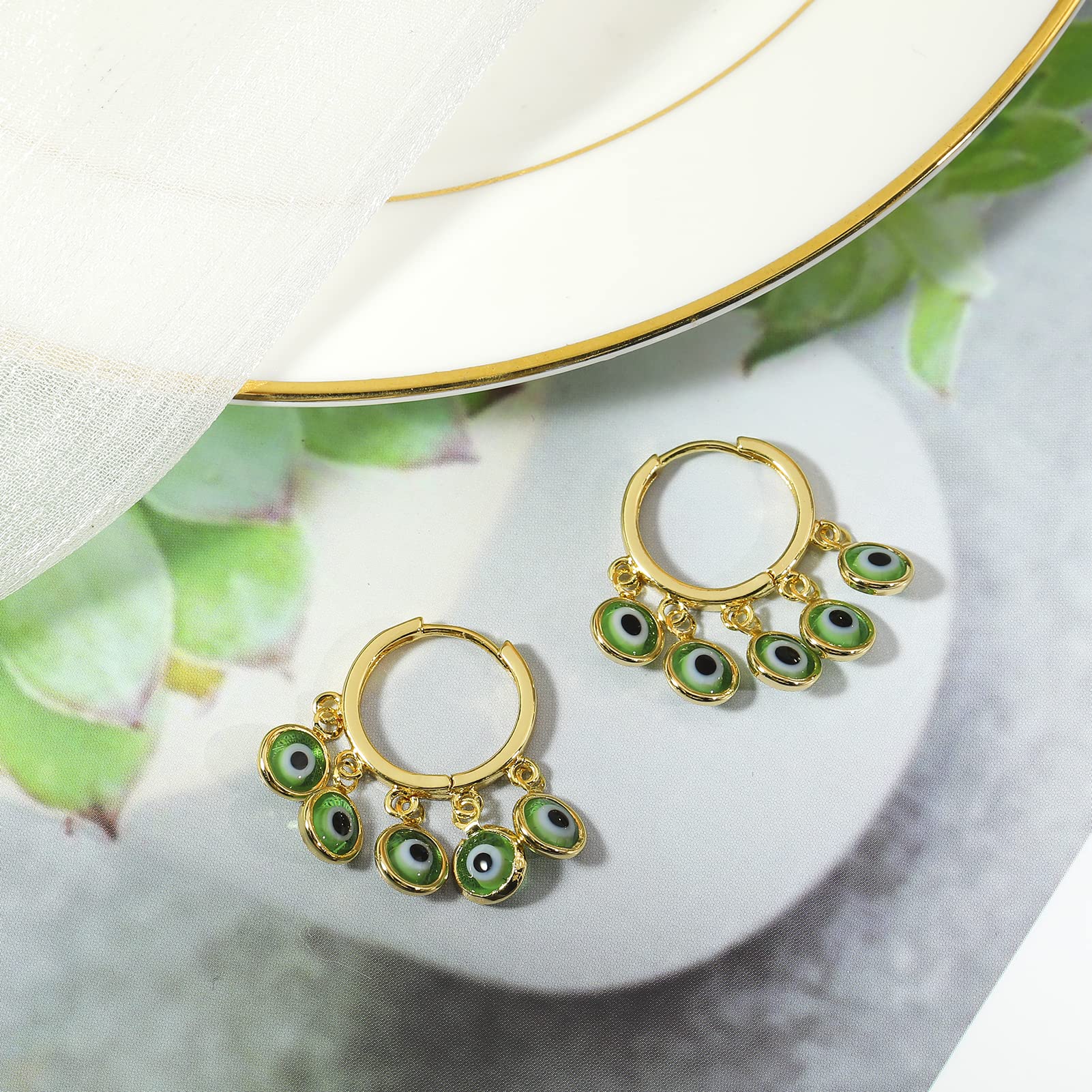 ZJMIHUA Huggie Hoop Earrings, 14K Gold Plated Circle Small Dangle Hoop Earrings Hypoallergenic Dainty 5 Evil Eyes.(Circle green)